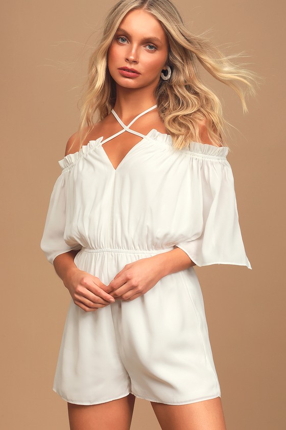Cute White Romper Off The Shoulder Romper Ruffled Romper Lulus
