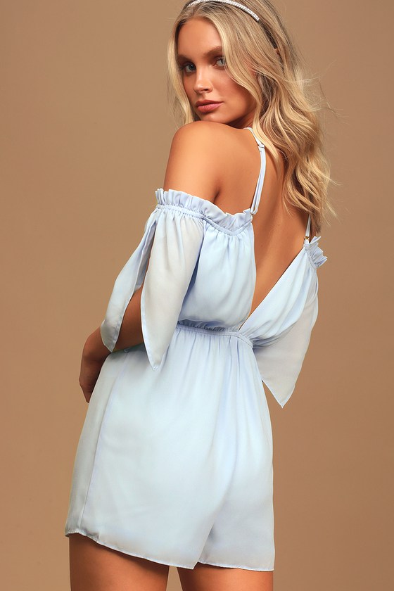 Cute Light Blue Romper Off The Shoulder Romper Ruffled Romper Lulus