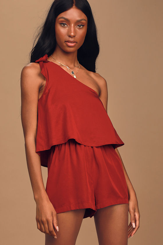 Chic Burgundy Romper - One-Shoulder Romper - Tie Shoulder Romper - Lulus