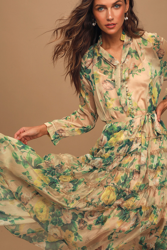 O P T Cosmia Floral Print Dress Ruffled Tiered Midi Dress Lulus