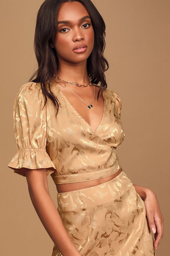 Cute Beige Floral Embossed Top - Puff Sleeve Crop Top - Crop Top - Lulus