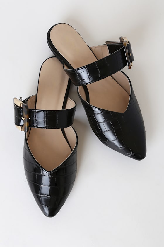 Cute Black Crocodile Slides - Pointed-Toe Slides - Buckled Slides - Lulus