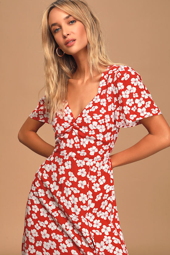 MINKPINK Between You and I - Red Floral Print Dress - Midi Dress - Lulus
