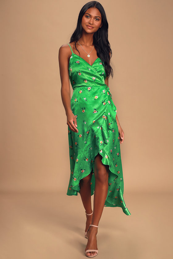 Green Floral Print Dress - Satin Dress - Ruffled High-Low Midi - Lulus
