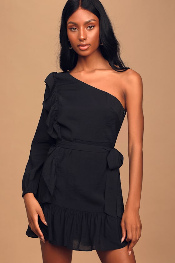 Cute Black Mini Dress - One-Shoulder Dress - Skater Dress - Lulus