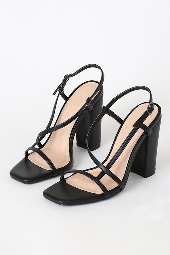 Cute Black Vegan Leather Heels - Strappy Heels - Square Toe Heels - Lulus