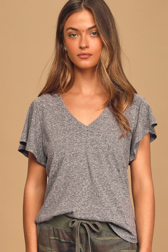 Z Supply The Triblend Flutter - Marled Knit Tee - Grey V-Neck - Lulus