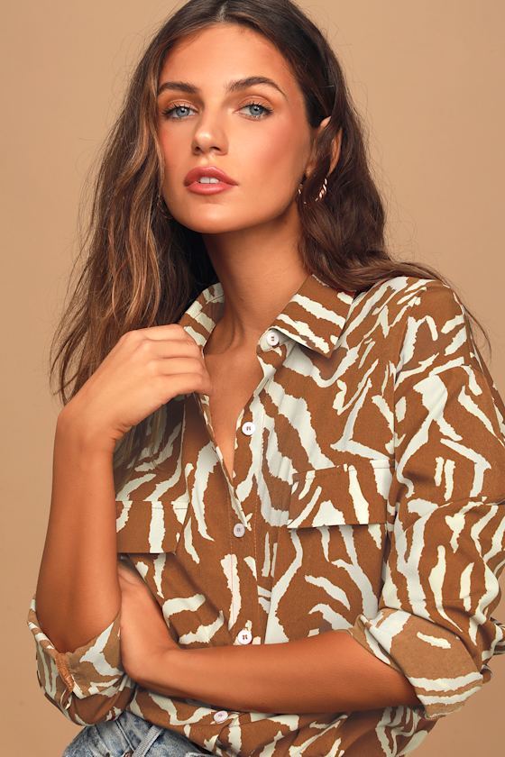 Rust Brown Animal Print Top - Button-Up Blouse - Long Sleeve Top - Lulus