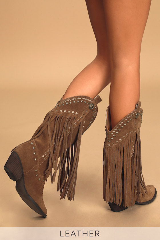 Very Volatile Barrow - Tan Cowboy Boots - Fringe Boots - Lulus