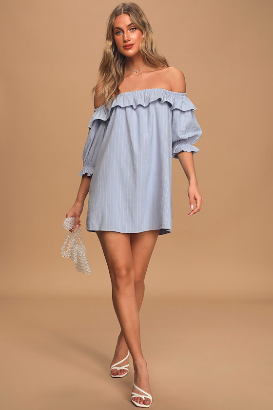 Cute Blue Dress - Striped Dress - Off-The-Shoulder Dress - Mini - Lulus