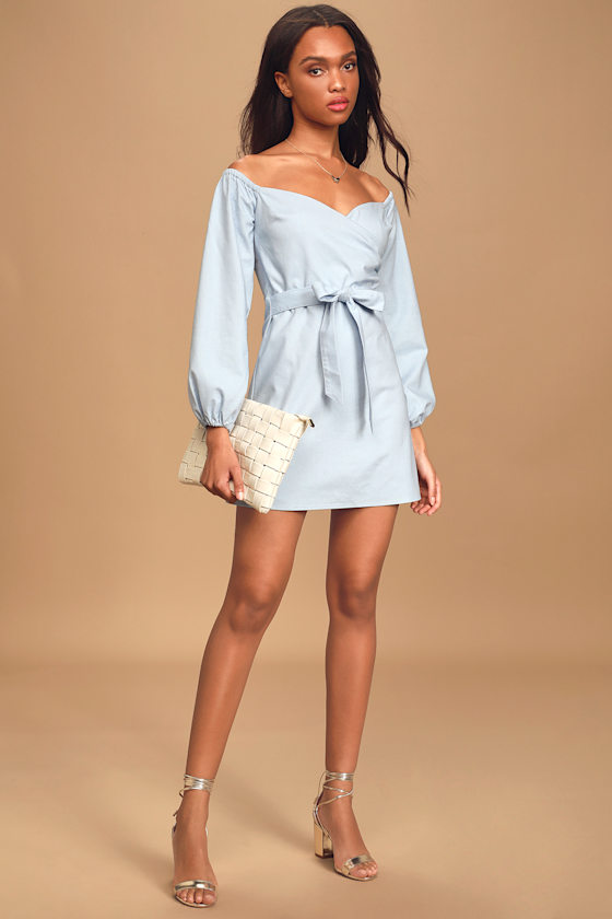 Light Blue Mini Dress - Off-the-Shoulder Dress - Cute Mini Dress - Lulus