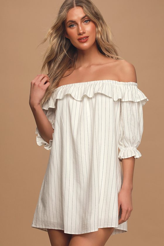 Cute White Dress - Striped Dress - Off-The-Shoulder Dress - Mini - Lulus