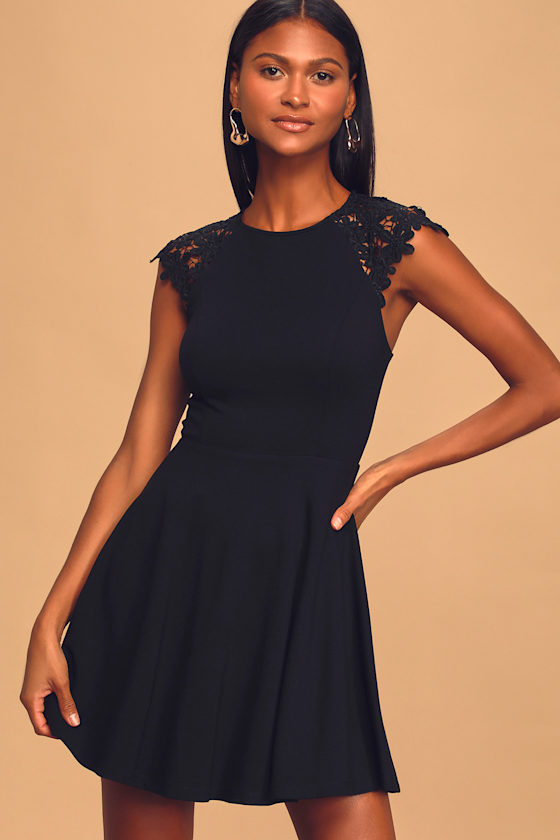 Cute Black Mini Dress - Crochet Lace Dress - Skater Dress - Lulus