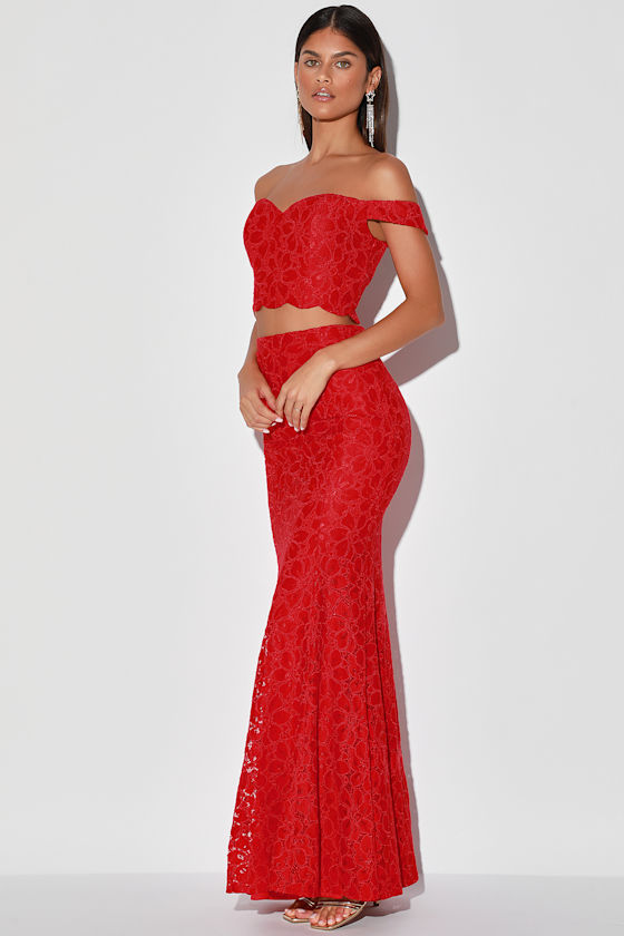 Chic Two-Piece Dress - Red Dress- Off-The-Shoulder Maxi Dress - Lulus