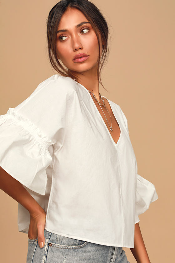 White V-Neck Top - Ruffled Sleeve Top - Flared Sleeve Top - Lulus
