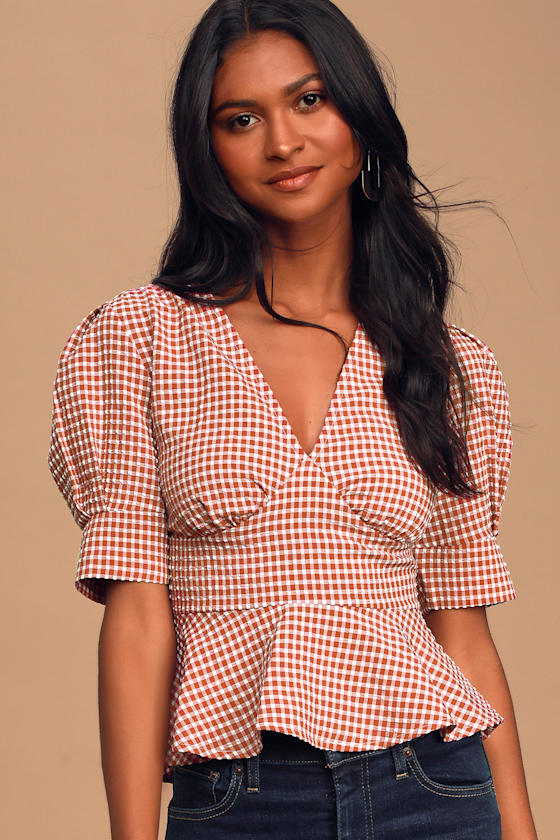 Brick Red Gingham Top - Cute Peplum Top - Puff Sleeve Blouse - Lulus