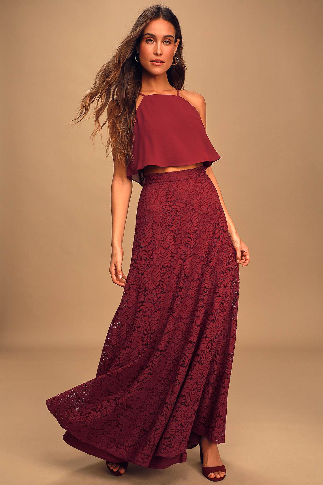 Lovely Wine Red Two-Piece Dress - Lace Dress - Maxi Dress - Lulus
