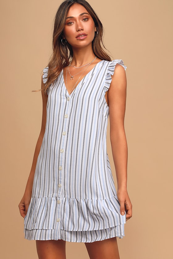 Cute Blue Striped Dress - Ruffled Mini Dress - Button-Up Dress - Lulus