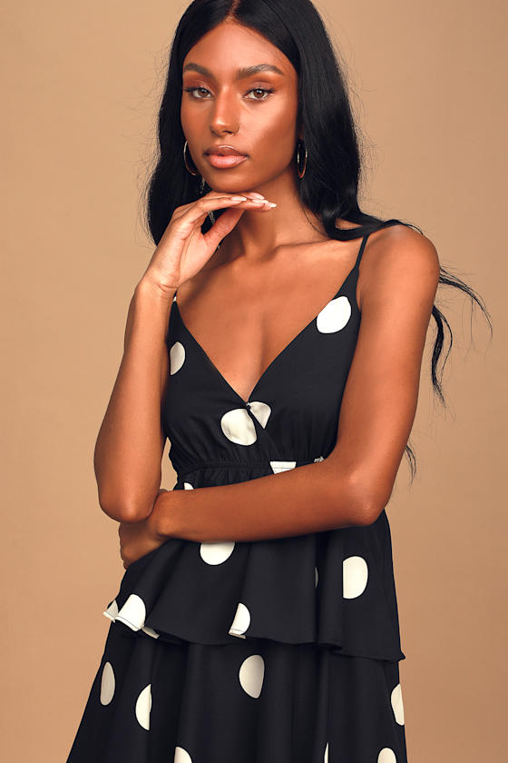 O.P.T. Cava Dress - Black Polka Dot Dress - Tiered Midi Dress - Lulus