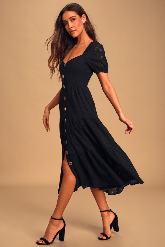 Black Dress Midi Dress Eyelet Lace Dress Button Front Dress Lulus