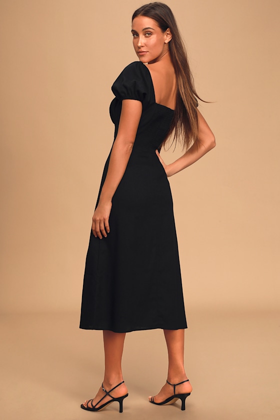 Cute Black Midi Dress - Puff Sleeve Midi - Smocked Midi Dress - Lulus