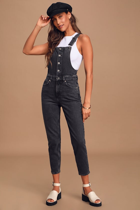 Free People Shelby - Black Denim Overalls - Button-Front Overalls - Lulus
