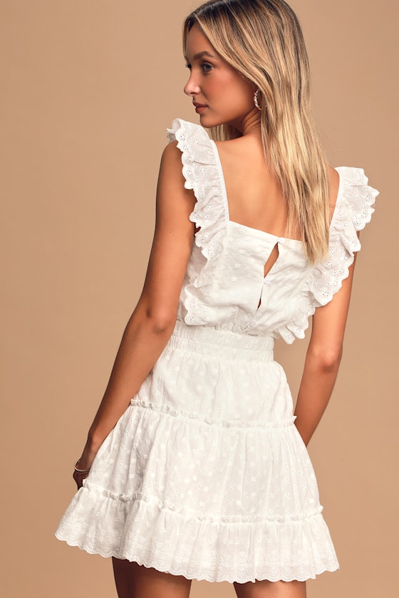 Cute White Mini Dress - Embroidered Skater Dress - Ruffled Dress - Lulus