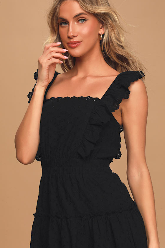 Cute Black Mini Dress - Embroidered Skater Dress - Ruffled Dress