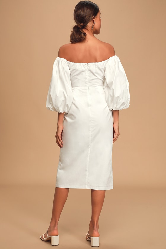 Cute White Midi Dress Off The Shoulder Dress Puff Sleeve Lulus
