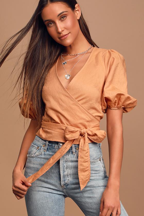 Charlie Holiday Saint - Peach Wrap Top - Puff Sleeve Top - Lulus