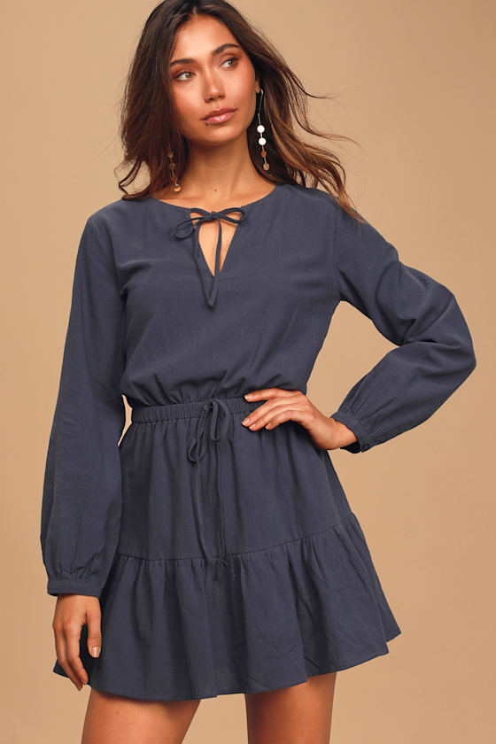 Cute Navy Blue Dress Long Sleeve Mini Dress Skater Dress Lulus