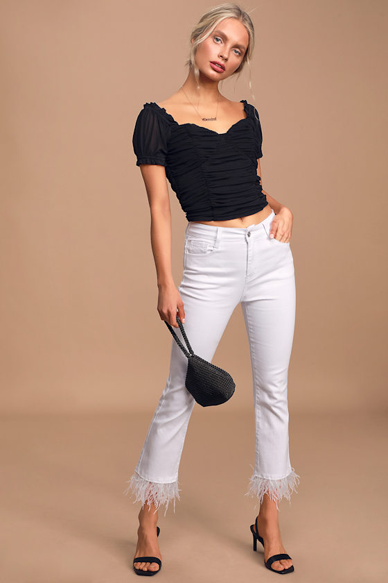 White Denim Jeans - Feather Hem Jeans - High-Waisted Denim Jeans - Lulus