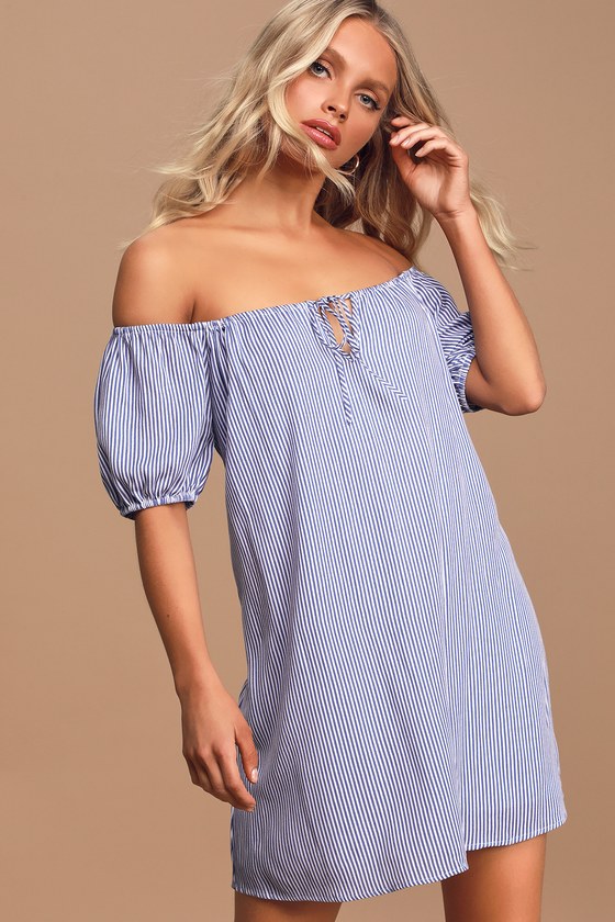 Cute Blue And White Striped Dress Ots Mini Dress Puff Sleeve Lulus