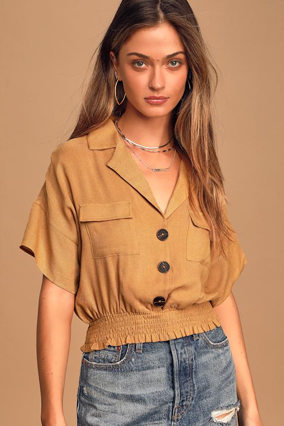 Cute Light Brown Top - Button-Front Top - Short Sleeve Top - Lulus