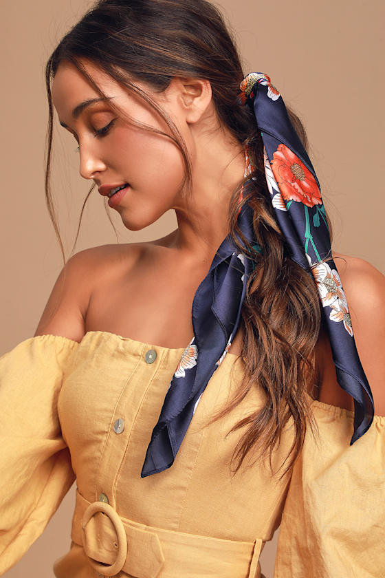 Chic Navy Blue Scarf - Floral Print Scarf - Handkerchief Scarf - Lulus