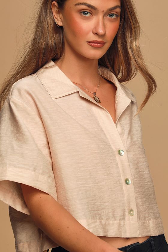 Cute Beige Top - Button-Up Top - Crop Top - Short Sleeve Top - Lulus