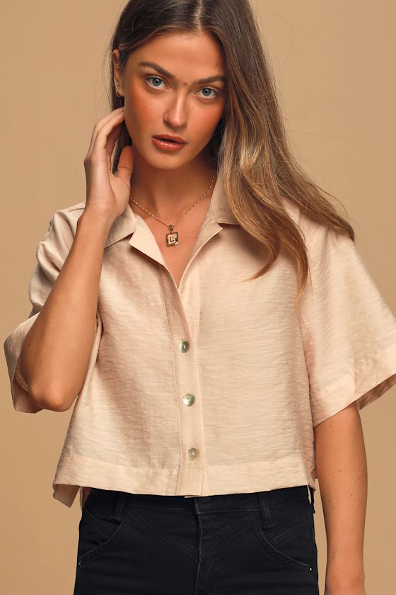 Cute Beige Top - Button-Up Top - Crop Top - Short Sleeve Top - Lulus