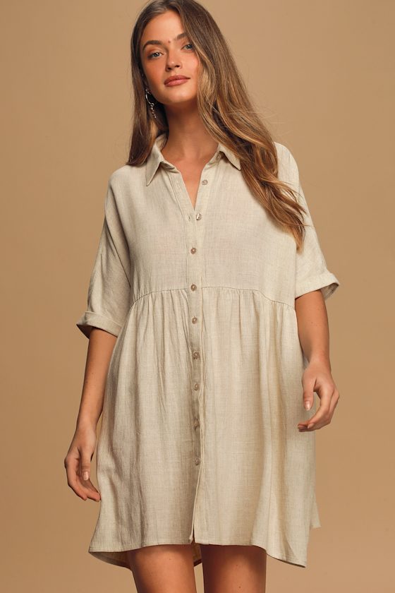 Beige Babydoll Dress - Short Sleeve Dress - Button-Up Mini Dress - Lulus