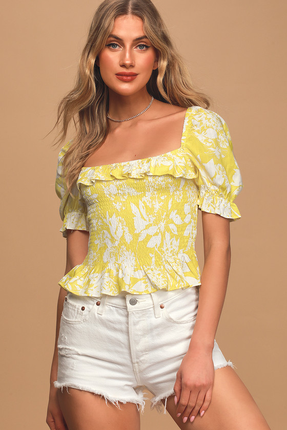 Cute Yellow Floral Print Top Smocked Top Puff Sleeve Top Lulus