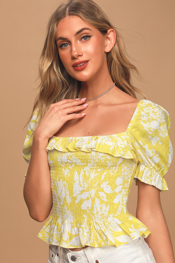 Cute Yellow Floral Print Top - Smocked Top - Puff Sleeve Top - Lulus