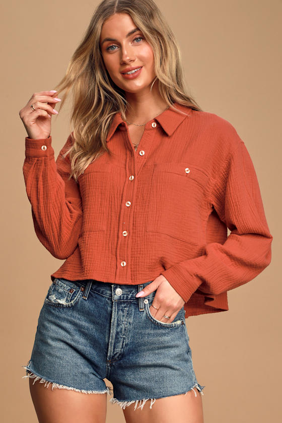 Cute Rust Red Top - Button-Up Top - Long Sleeve Top - Lulus
