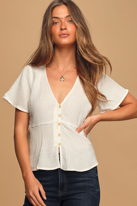 Cute White Top - White Button-Up - Butterfly Sleeve Top - Lulus