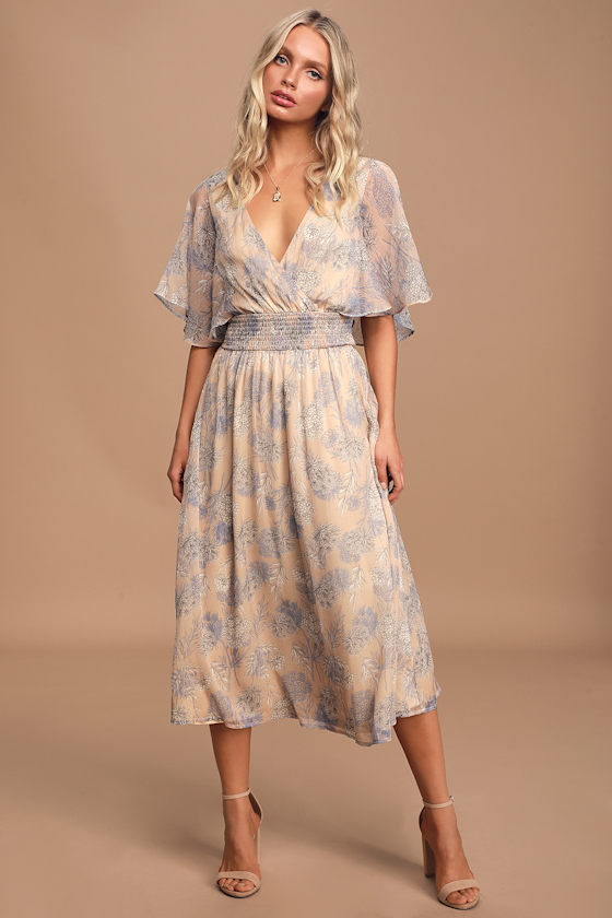 Beige Floral Print Dress Ruffled Dress Surplice Midi Dress Lulus