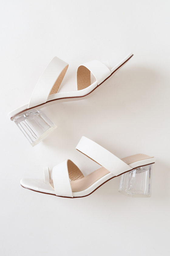 BEBO Ruffle - White Heels - Toe-Loop Sandals - Lucite Heels - Lulus