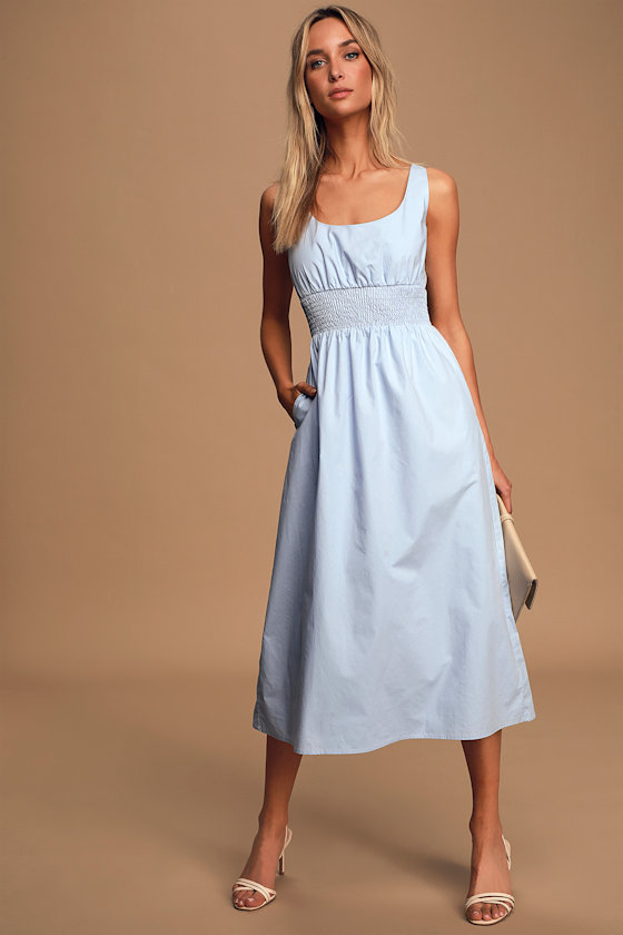 Cute Light Blue Dress - Sleeveless Midi Dress - Smocked Dress - Lulus