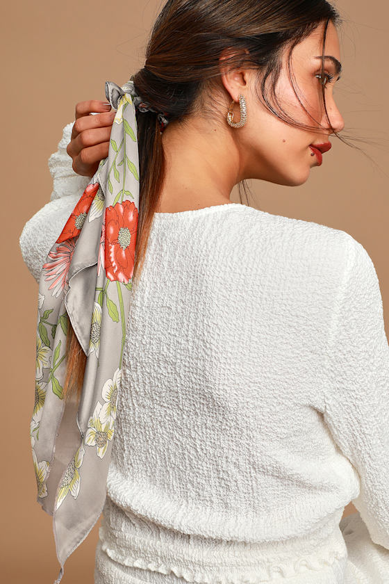 Grey Floral Ponytail Holder - Satin Scrunchie - Scarf Scrunchie - Lulus