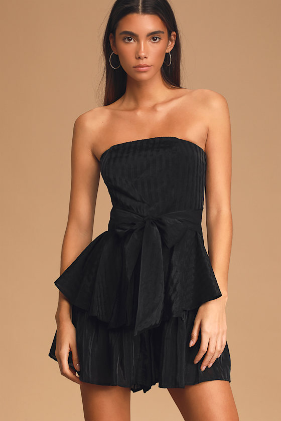 Cute Black Striped Romper - Ruffled Romper - Strapless Romper - Lulus