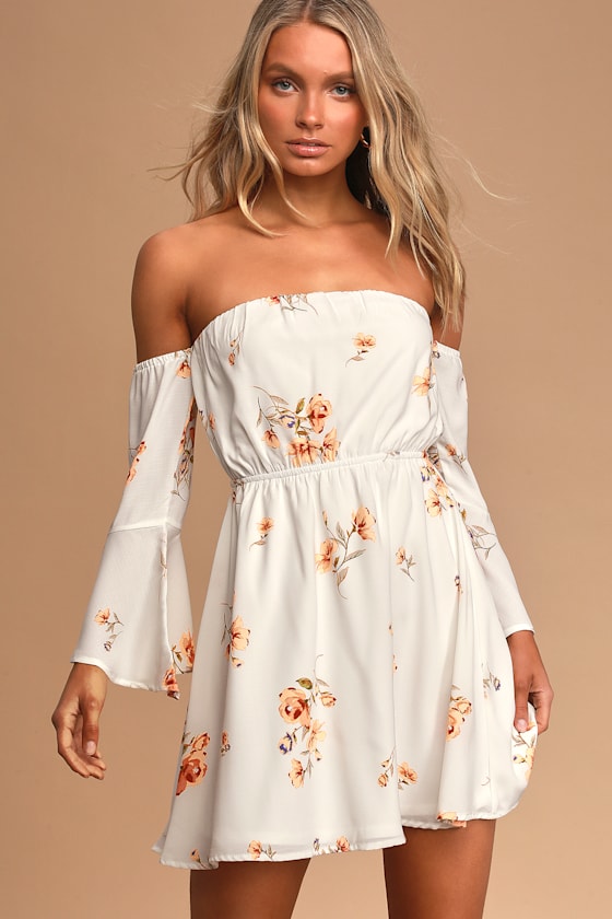 Cute White Mini - Floral Print Dress - Off-The-Shoulder Dress - Lulus
