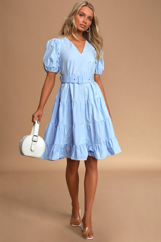 Cute Light Blue Midi Dress - Puff Sleeve Midi - Belted Midi Dress - Lulus