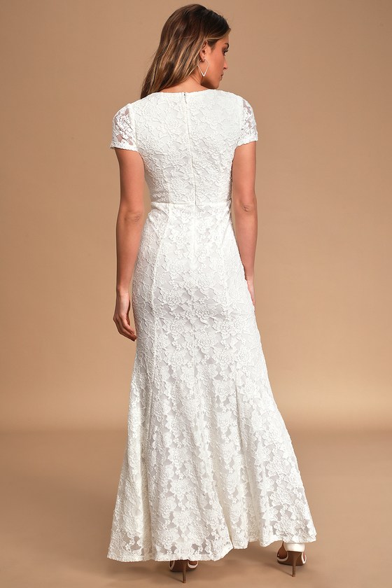 Pretty White Lace Dress Mermaid Maxi Dress Short Sleeve Dress Lulus